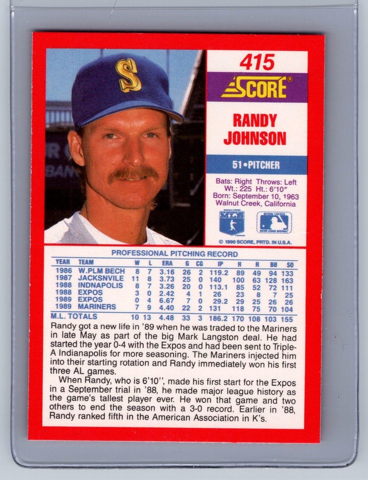 1990 Score #415 Randy Johnson Card Seattle Mariners Cards | eBay