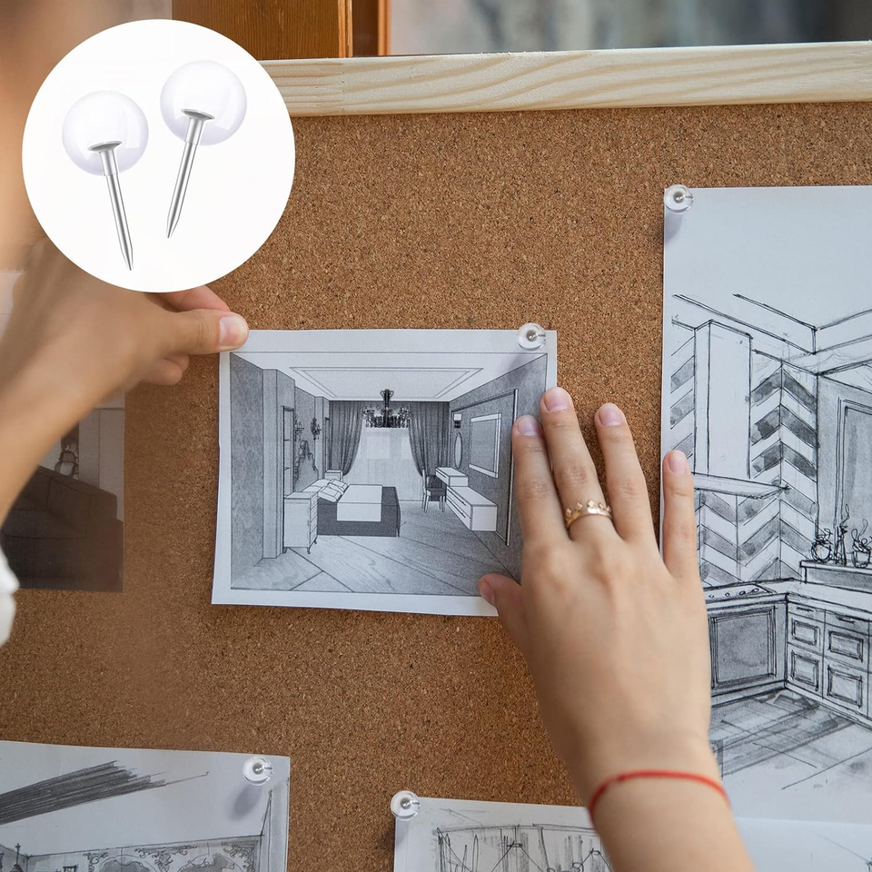 100Pcs Clear round Push Pins, Silver Ball Push Pins with Storage Box ...