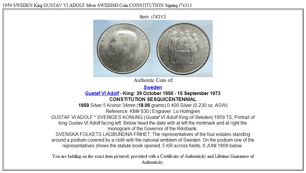 1959 SWEDEN King GUSTAV VI ADOLF Silver SWEDISH Coin CONSTITUTION ...