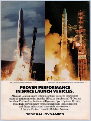 1986 General Dynamics Aviation Ad Space Launch Atlas Centaur Rockets ...