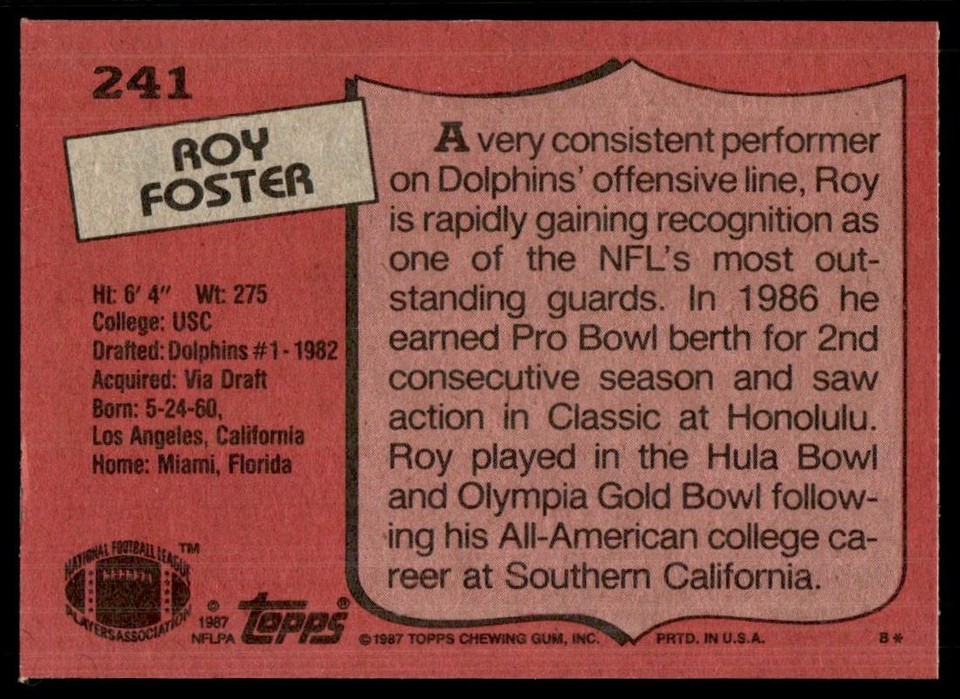 1987 Topps Roy Foster Miami Dolphins #241 | eBay