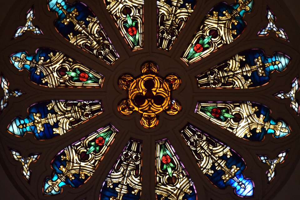 + Older German Stained Glass Church Window, 13' Round Rose Window (H18 ...