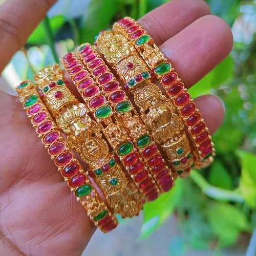 GOLD PLATED 6 PCS KEMPU BANGLES SET TRADITIONAL BOLLYWOOD INDIAN TEMPLE ...
