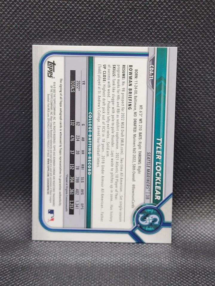 2022 Bowman Chrome Draft TYLER LOCKLEAR auto RC 1st Arizona ...