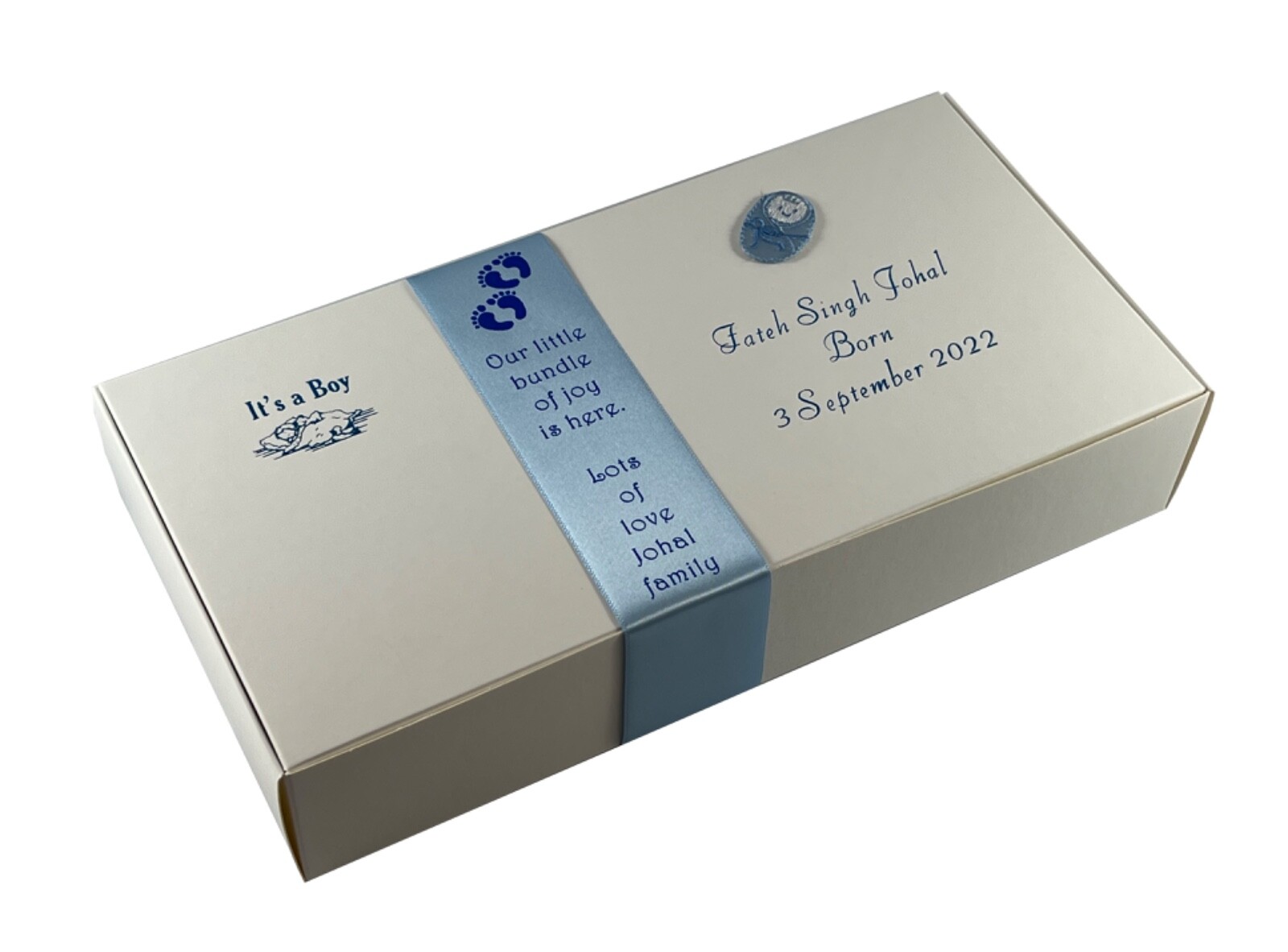 White Personalised Indian Sweet (Mithai) boxes, ribbon & baby emblem 3/ ...