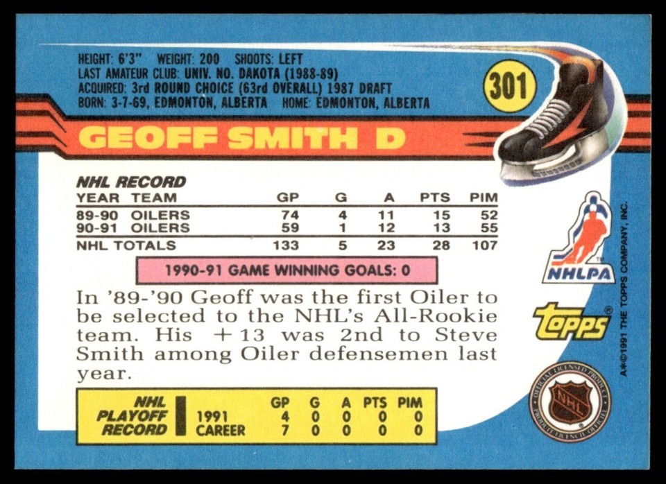 1991-92 Topps #301 Geoff Smith Edmonton Oilers | eBay