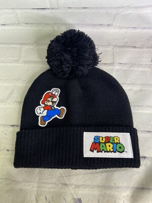 Nintendo Super Mario Bros Embroidered Logo Black Knit Cuff Pom Beanie ...