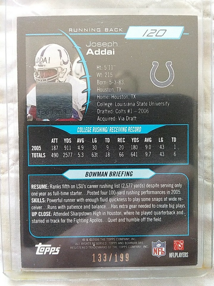 2006 Bowman Joseph Addai Rookie Autograph 133/199 | eBay