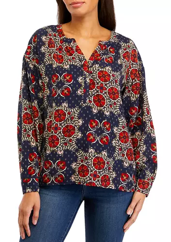 Wonderly Women's Popover Top Red and Blue Long Sleeve V-Neck Casual 2XL ...