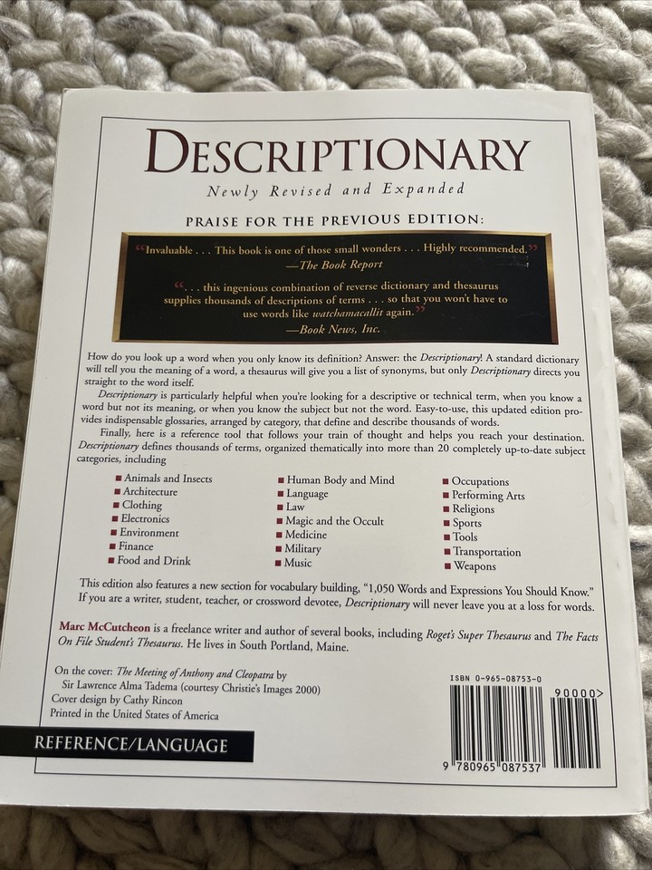 DESCRIPTIONARY: A THEMATIC DICTIONARY; 2ND EDITION By Marc Mccutcheon ...