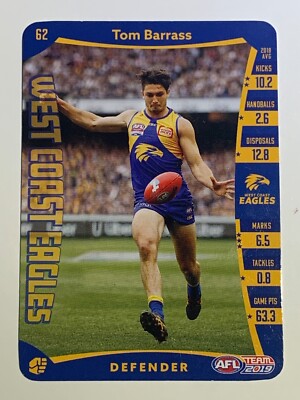 2019 AFL Teamcoach Common Card 'Tom Barrass' West Coast Eagles #62 ...