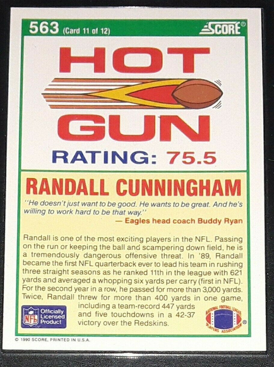 1990 RANDALL CUNNINGHAM HOT GUN Card 11 of 12 Score NFL Football Card ...