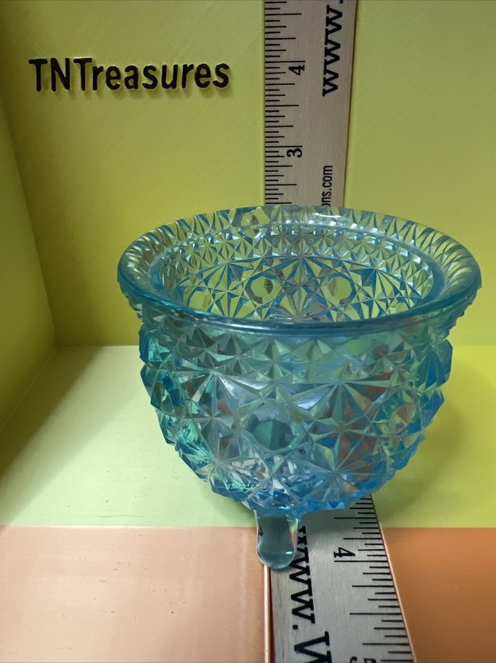 Vintage Fenton Blue Glass Daisy And Button 3 Footed Condiments Cauldron ...