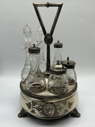 Victorian Etched Glass 6 Piece Cruet Condiment Set Silver Plate Caddy ...