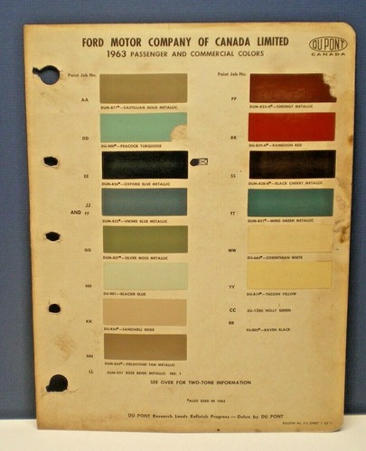 1963 FORD CANADA PASSENGER CAR COLORS DUPONT CANADA PAINT CHIP SAMPLES ...