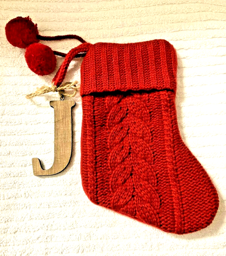 RED CABLE KNIT CHRISTMAS STOCKING 9" WOOD LETTER "J" 3.5" AND 2 POM ...