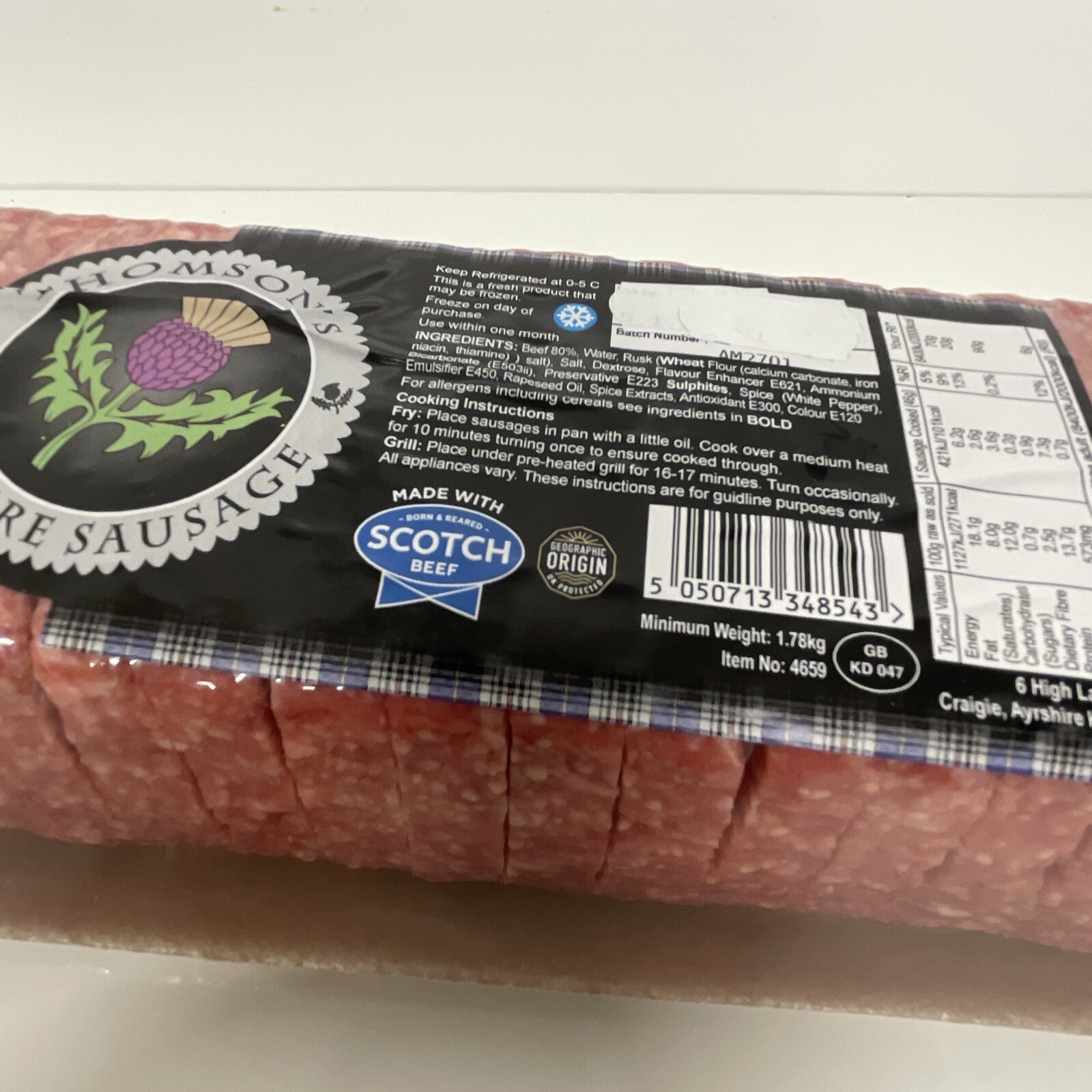 Thomsons Scottish Square Sausage 1.78kg Lorne Ayrshire Please Read ...