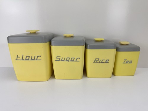 Vintage NALLY WARE Kitchen Canisters Set of 4 Yellow & Grey Flour Sugar ...