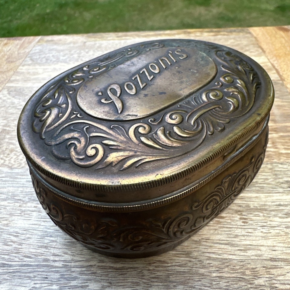 Antique Pozzoni's Brass Powder Puff Tin, circa 1912 Lidded Trinket ...