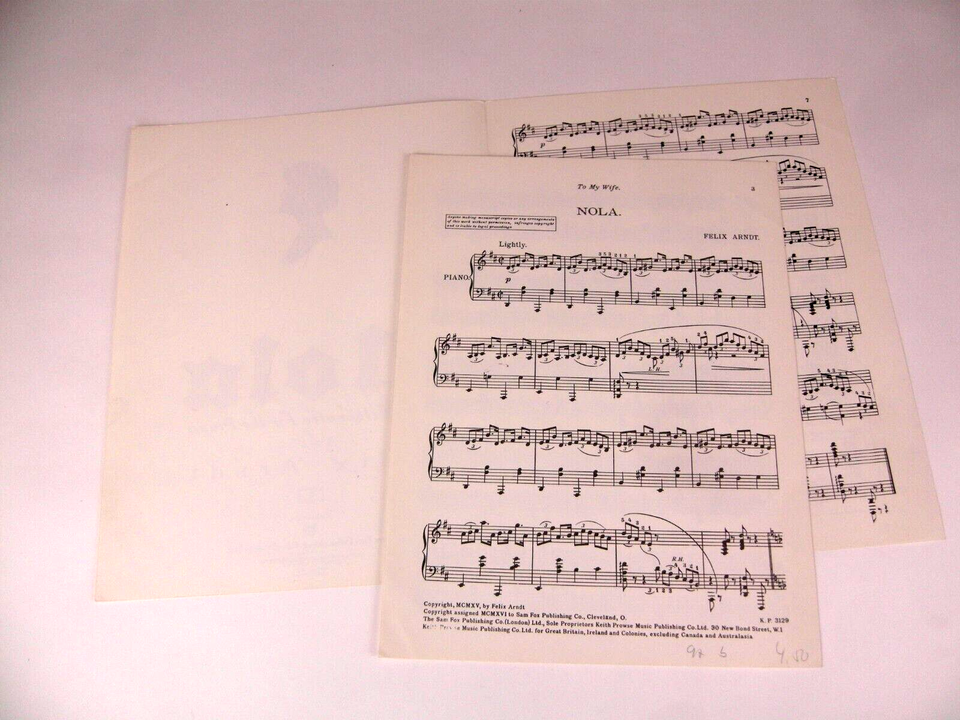 Ultra-Rare Ancienne Notes Nola A Silhouette pour Le Piano Felix Arndt ...