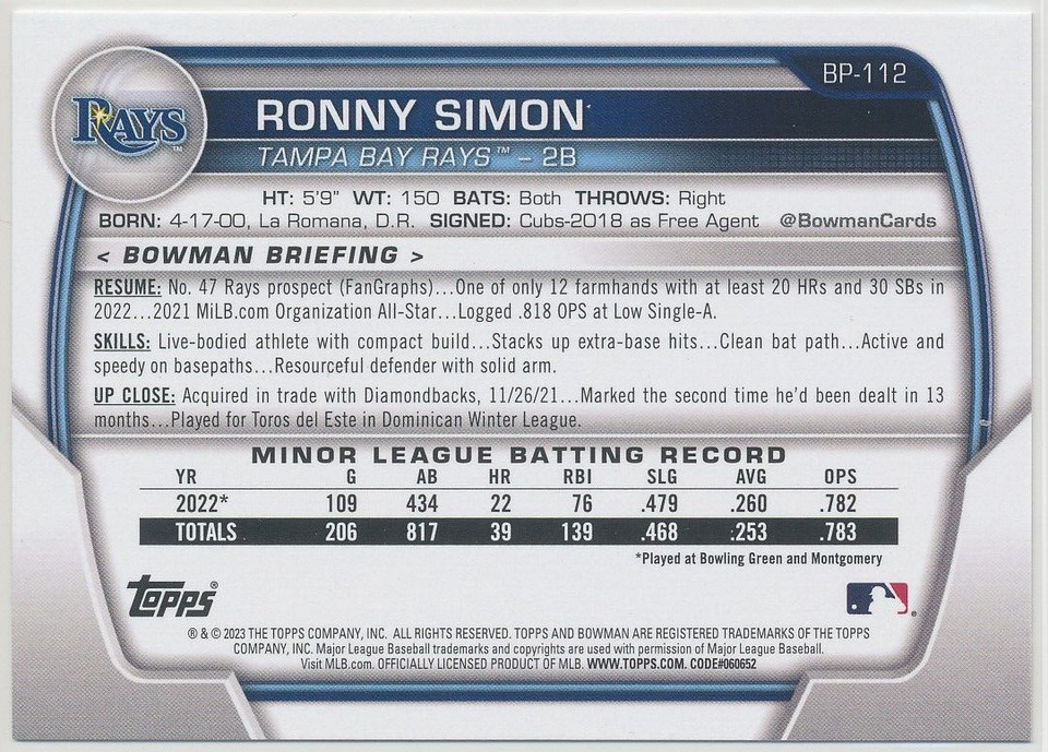 Ronny Simon - Tampa Bay Rays - 2023 Bowman Baseball - 1st Bowman - #BP ...