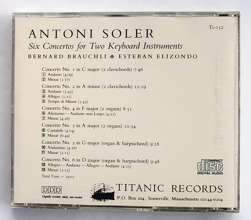 Padre Antonio Soler CD Six Concertos for Two Keyboard Instruments - Titanic | eBay