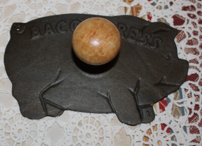 PIG SHAPE CAST IRON 8" by 5 "BACON PRESS Wood Handle Farmhouse Rustic ...