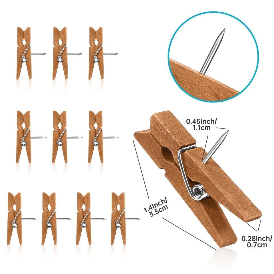 Wooden Push Pins with Clips 50pcs Brown Push Pins for Bulletin Board ...