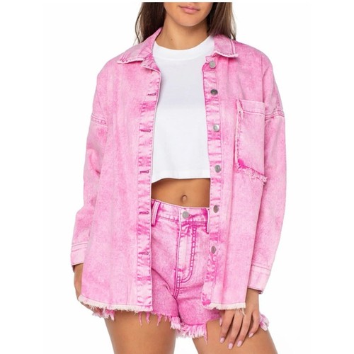 Celebrity Pink Fuchsia Distressed and Fringed Denim Shacket Size L EUC ...