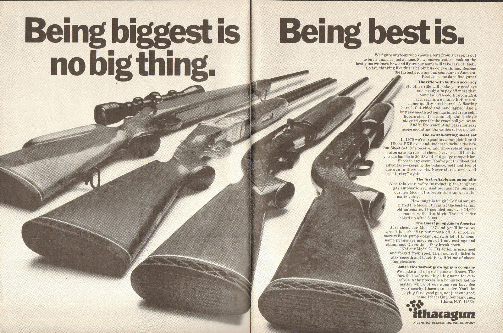 1970 2 Page Print Ad of Ithacagun Ithaca LSA-55 Rifle SKB 700 51 & 37 ...