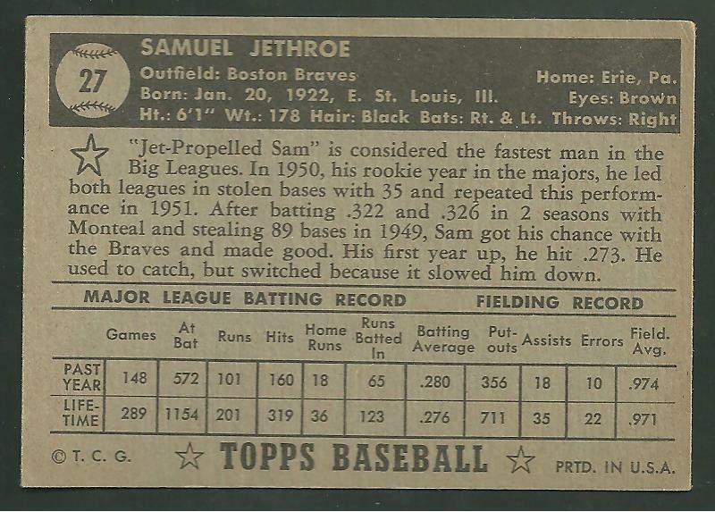 1952 Topps #27 Sam Jethroe Vintage Baseball Card Boston Braves Outfield ...