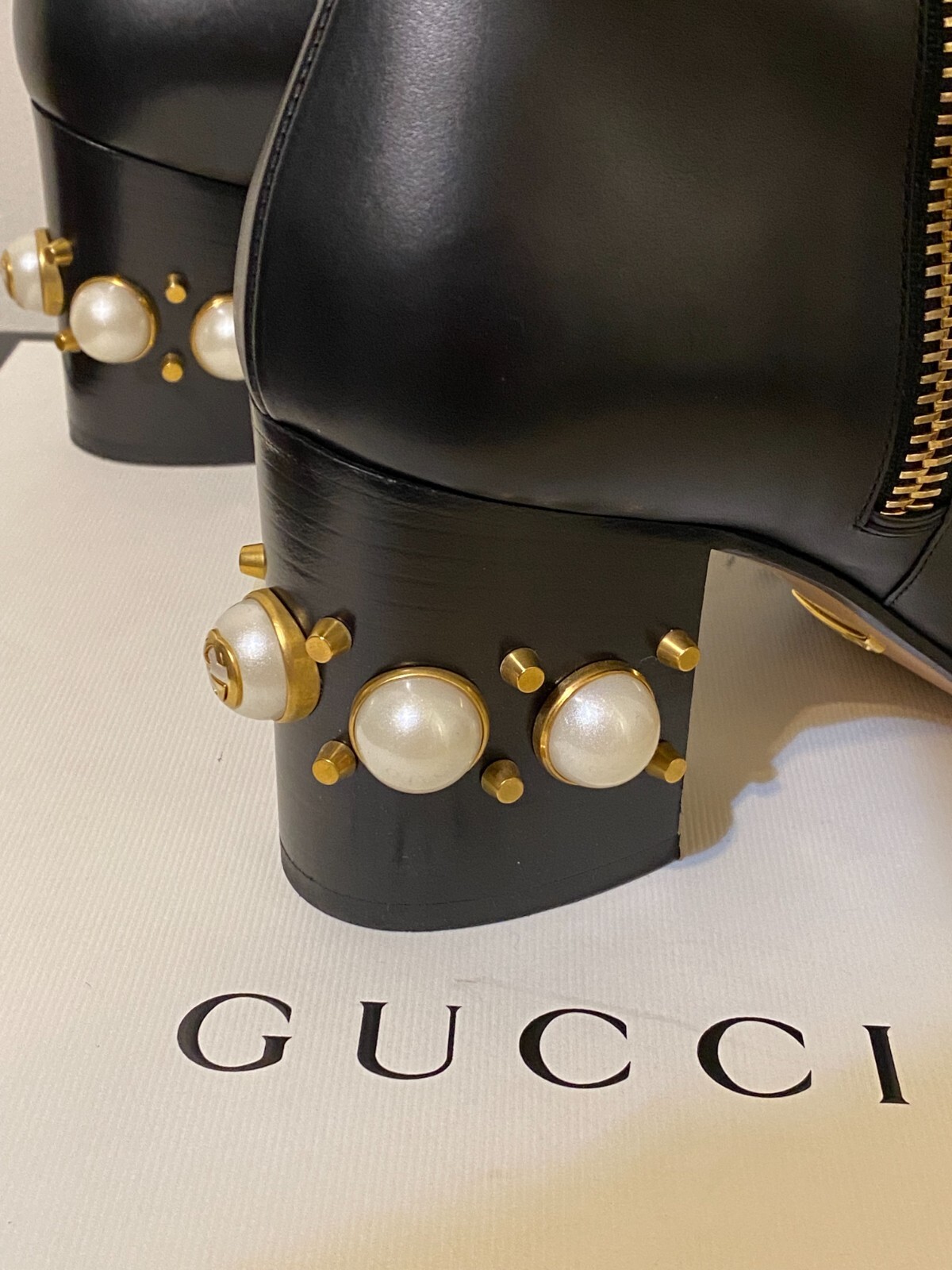 Gucci Black Leather Ankle Boots GG Pearl Embellished Women US 9 / EU 40 ...