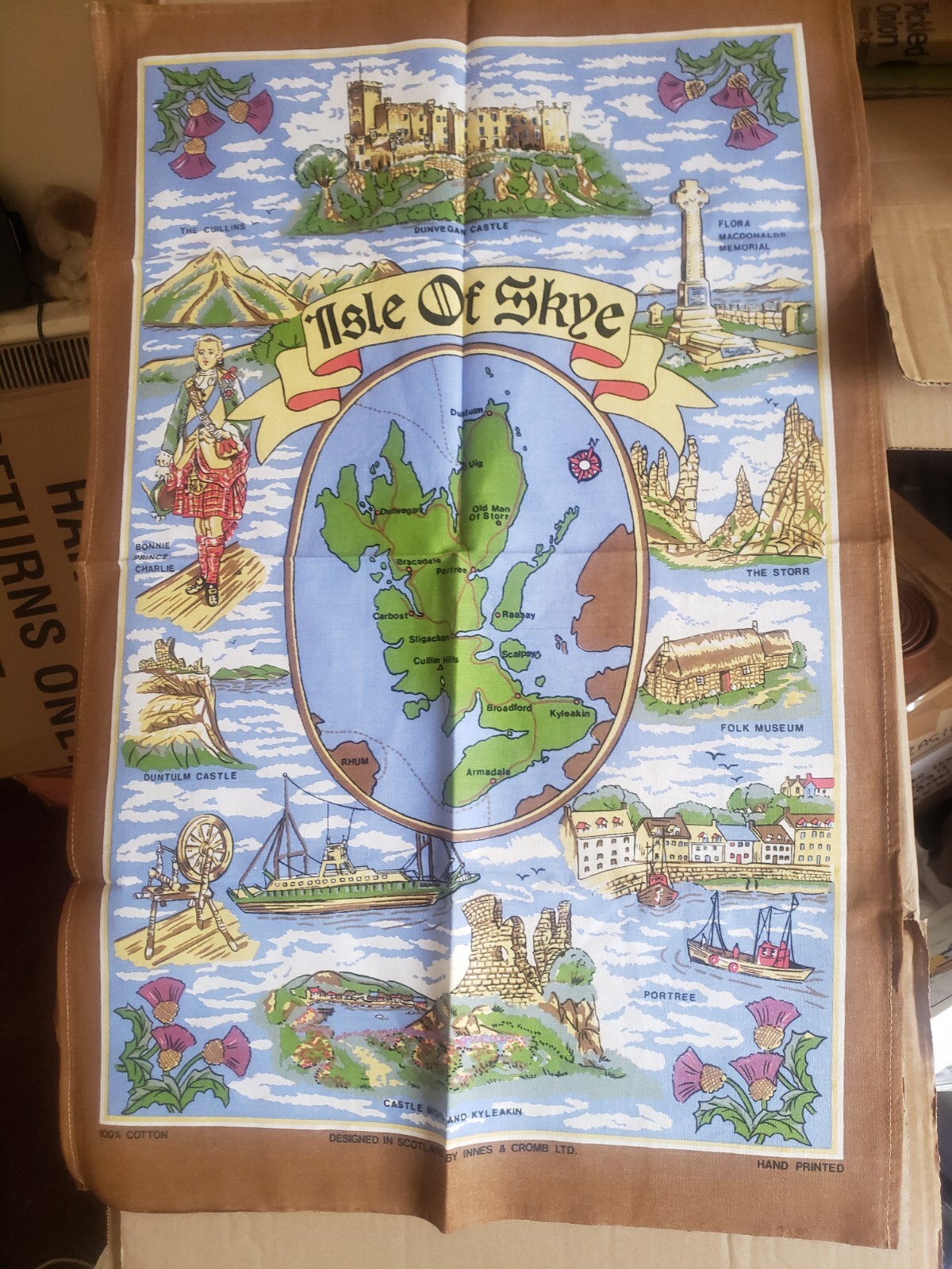 Vintage Scottish Isle Of Skye Map 100% Cotton Tea Towel Animals Sleat ...