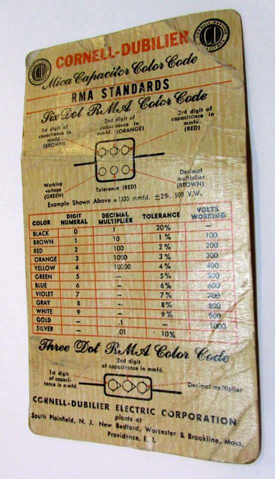 Vintage Card Cornell Dubilier Mica Capacitor Color Code Army Navy RMA ...