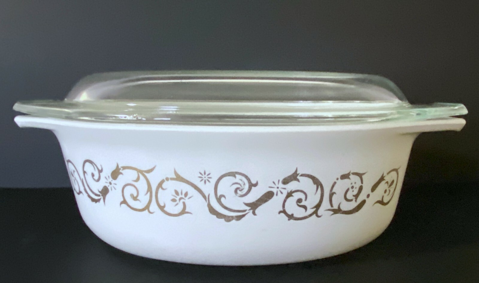 VTG Pyrex "EMPIRE SCROLL" 1 1/2 Qt Oval Casserole With Clear Pyrex Lid ...