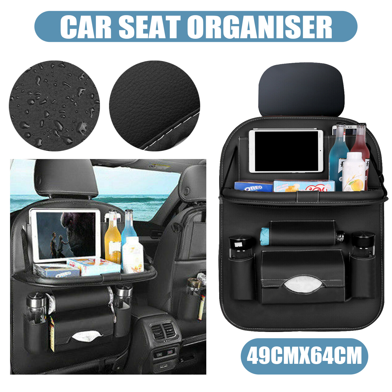 Foldable Car Back Seat Organiser Leather Storage Bag Table Tray Cup ...