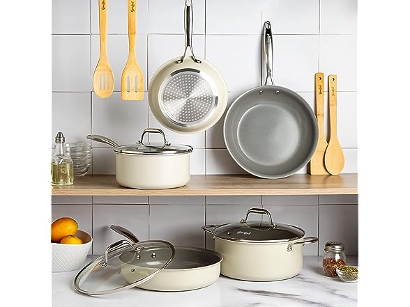 Goodful Ceramic Nonstick Pots & Pans Set Tempered Glass Steam Vented ...