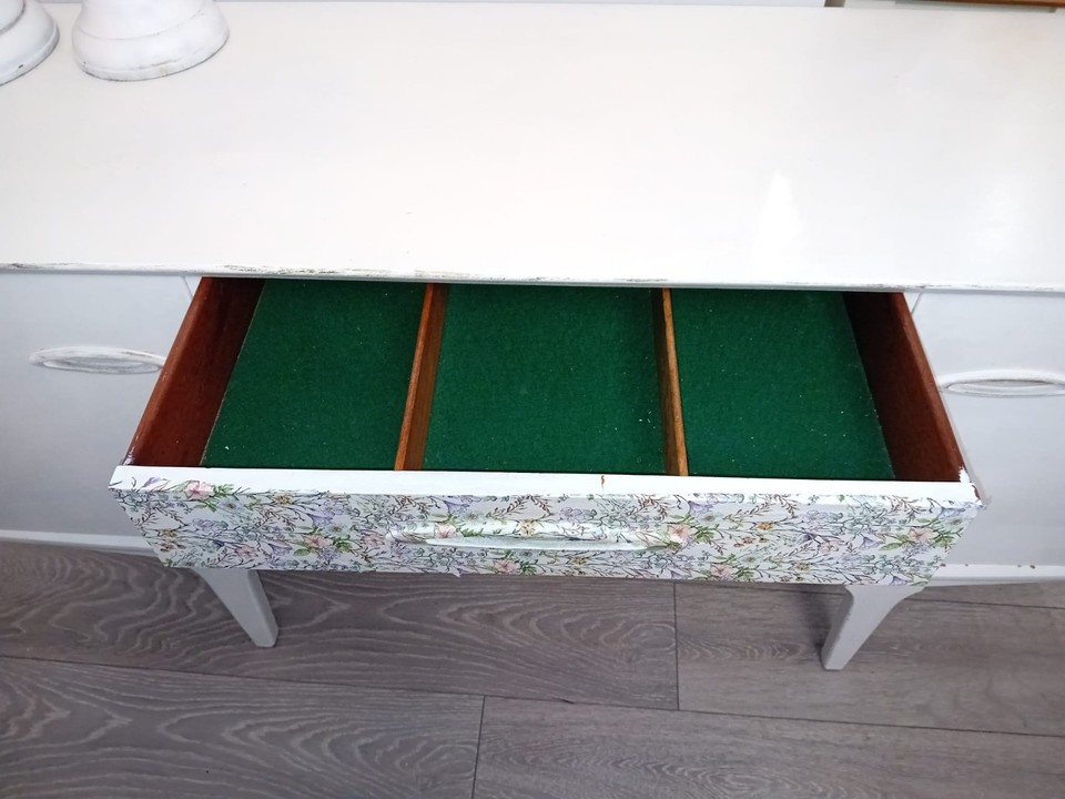 Mid Century Teak Sideboard Upcycled Decoupage On Drawers. Painted White ...