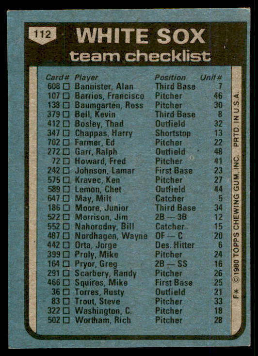 1980 TOPPS BASEBALL #112 CHICAGO WHITE SOX UNMARKED CHECKLIST | eBay