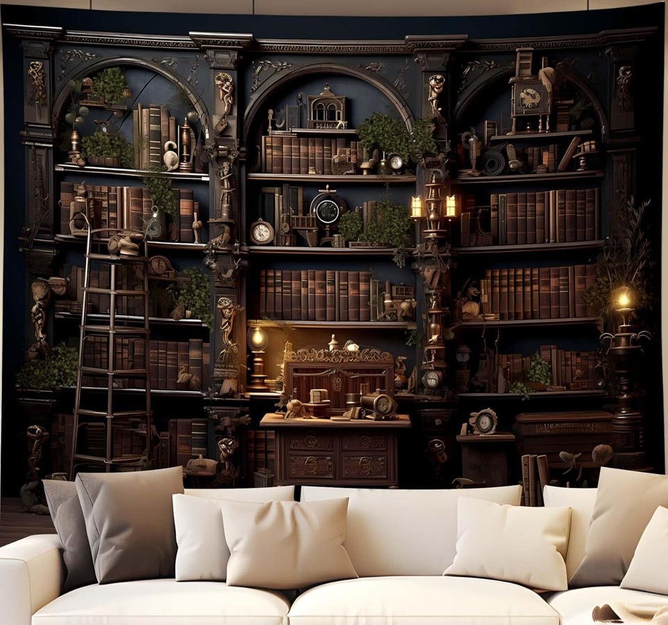 Large Medieval Bookcase Tapestry Vintage Gothic Bookshelf Library Wall ...