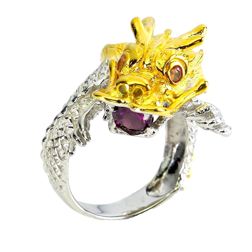 Yellow Sapphire Rhodolite Garnet 2 Tone Dragon Ring 925 Sterling