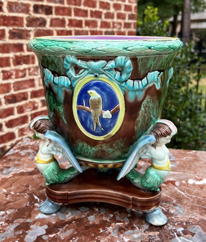 Antique English Majolica Cache Pot Planter Bowl Footed Jardiniere ...