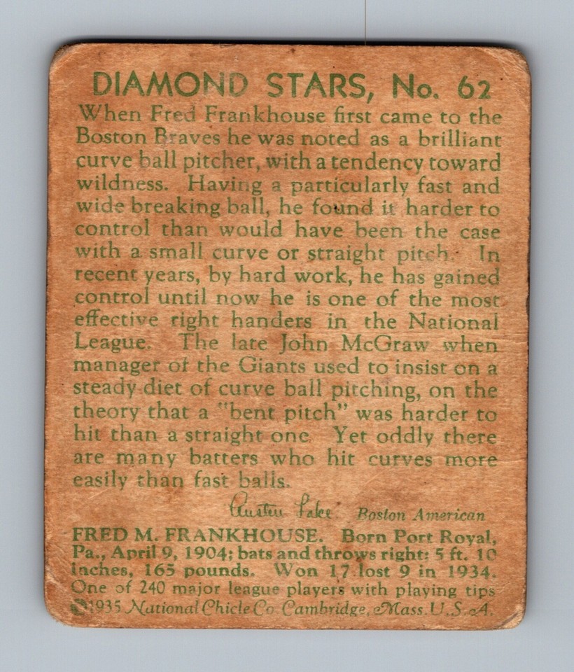 1934-36 Diamond Stars #62 Fred Frankhouse LOW GRADE Baseball Card (1935 ...