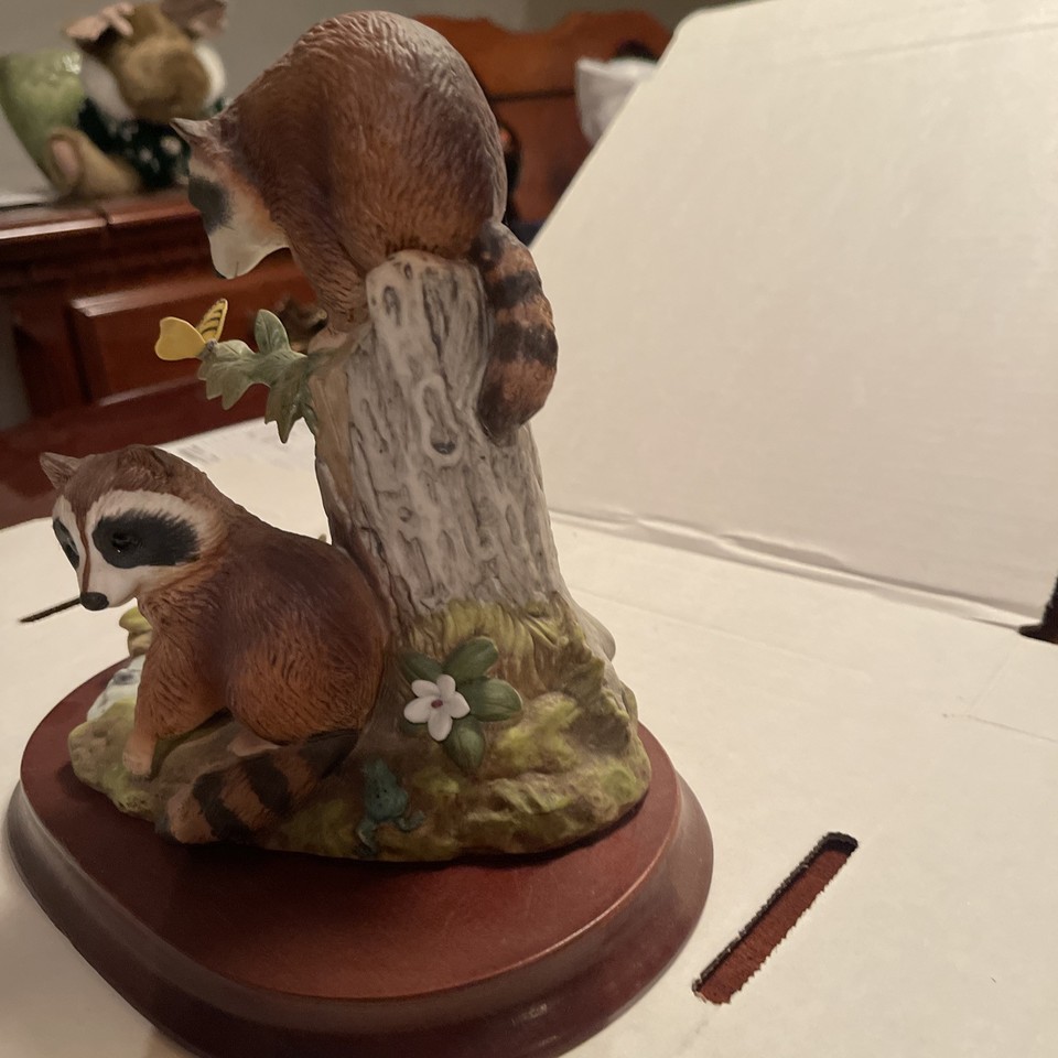 Racoon Family Figurine Andrea By Sadek Porcelain Figurine With Wooden ...