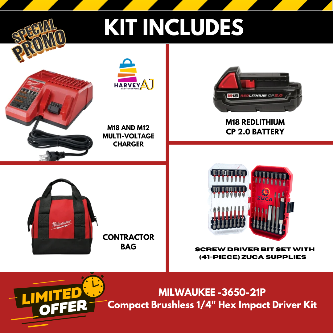 Milwaukee 3650-21P M18 18V 2-Tool 1/4 Hex Impact Driver Kit +Free Set ...