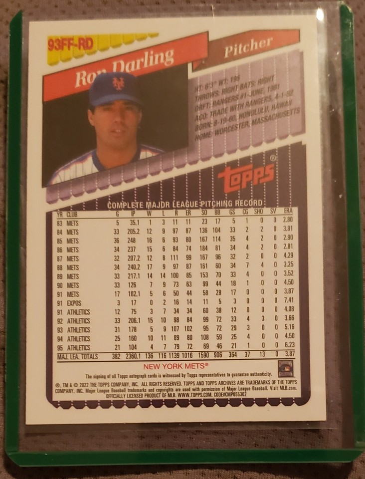 2022 Topps Archives RON DARLING Autograph 93 Fan Favorites New York ...