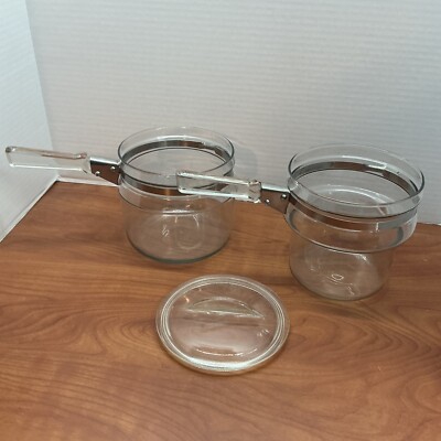 PYREX FLAMEWARE DOUBLE BOILER VINTAGE GLASS COOKWARE 1.5 QT 3 PC SET ...