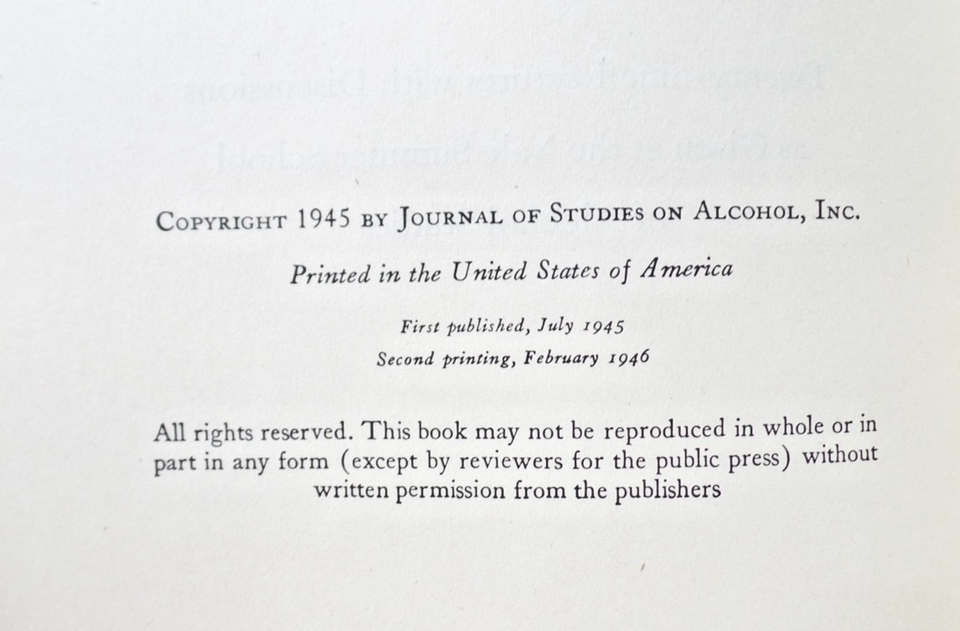 Alcohol Science and Society Yale 1944 Lectures Bill W. Alcoholics ...