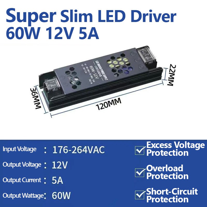 Super Slim LED Driver 12V60W 5A & 24V 100W 4.5A Protected Short-Circuit ...