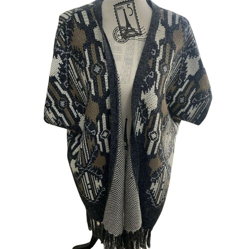 Sioni Aztec Cardigan Womens Sz MP Open Front Gray Tribal Sweater Fringe SS | eBay
